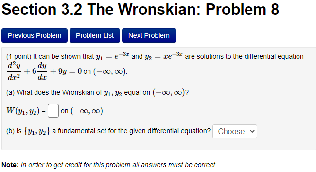 Solved Section 3.2 The Wronskian: Problem 8 Previous Problem | Chegg.com