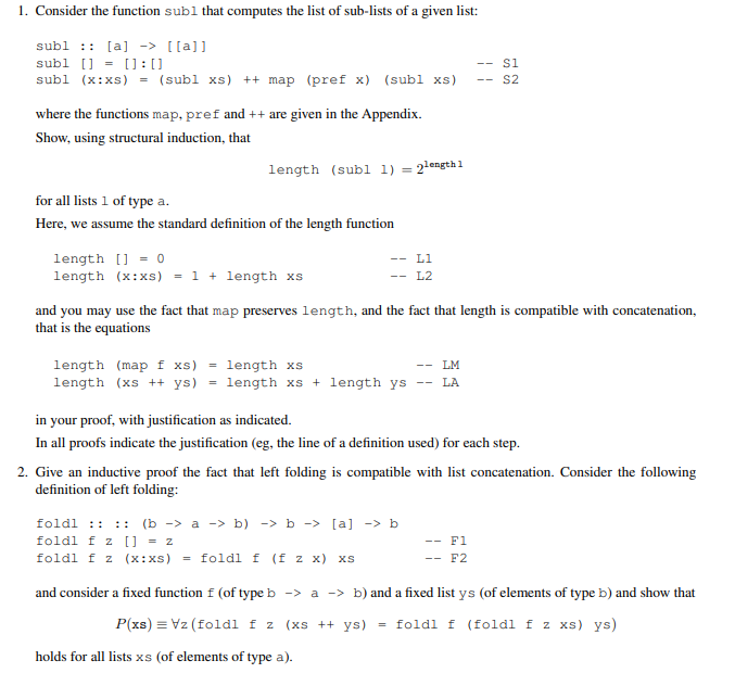 1. Consider the function subl that computes the list | Chegg.com
