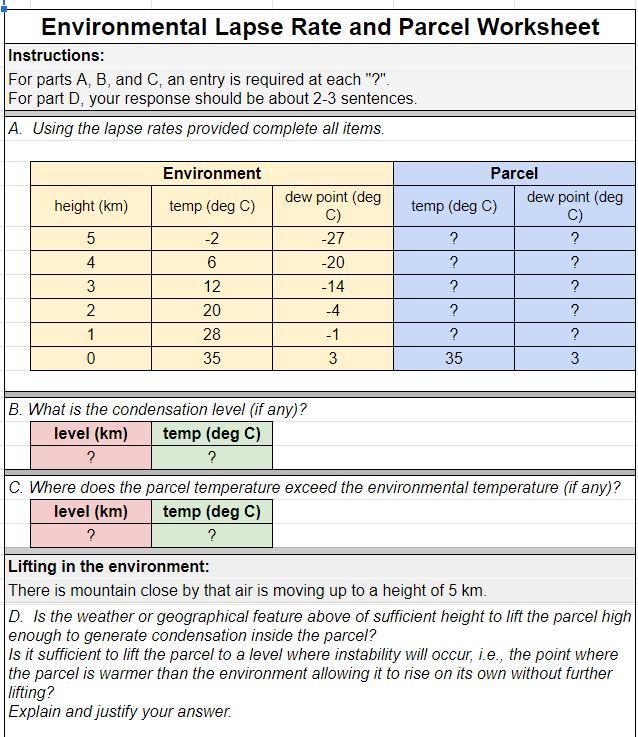 Solved Environmental Lapse Rate and Parcel Worksheet | Chegg.com