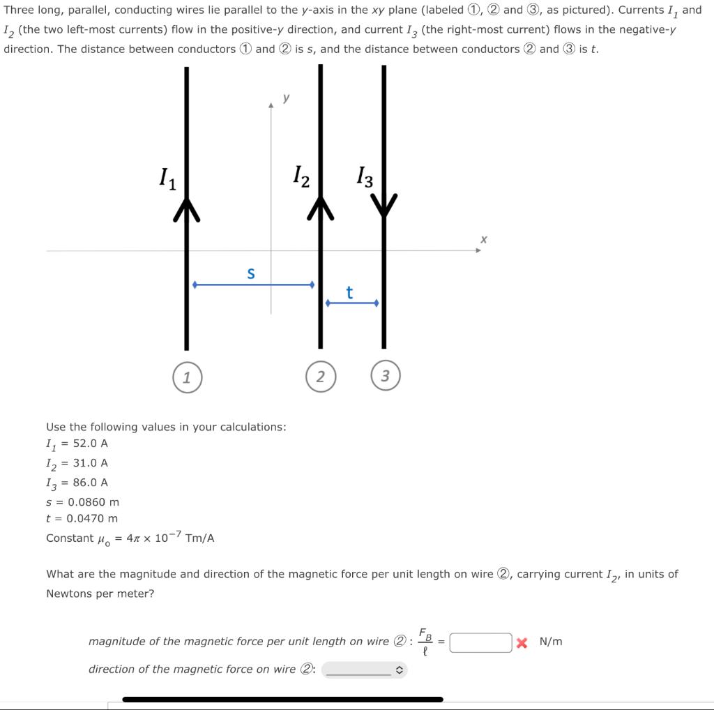Solved Three long, parallel, conducting wires lie parallel | Chegg.com