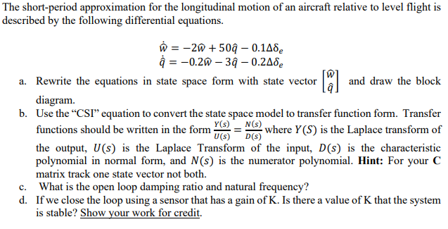 Solved The short-period approximation for the longitudinal | Chegg.com
