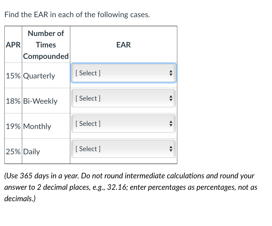 Solved Find the EAR in each of the following cases. Number | Chegg.com