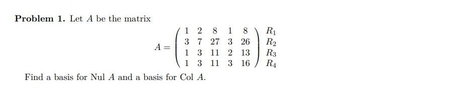 Solved Problem 1. Let A be the matrix | Chegg.com