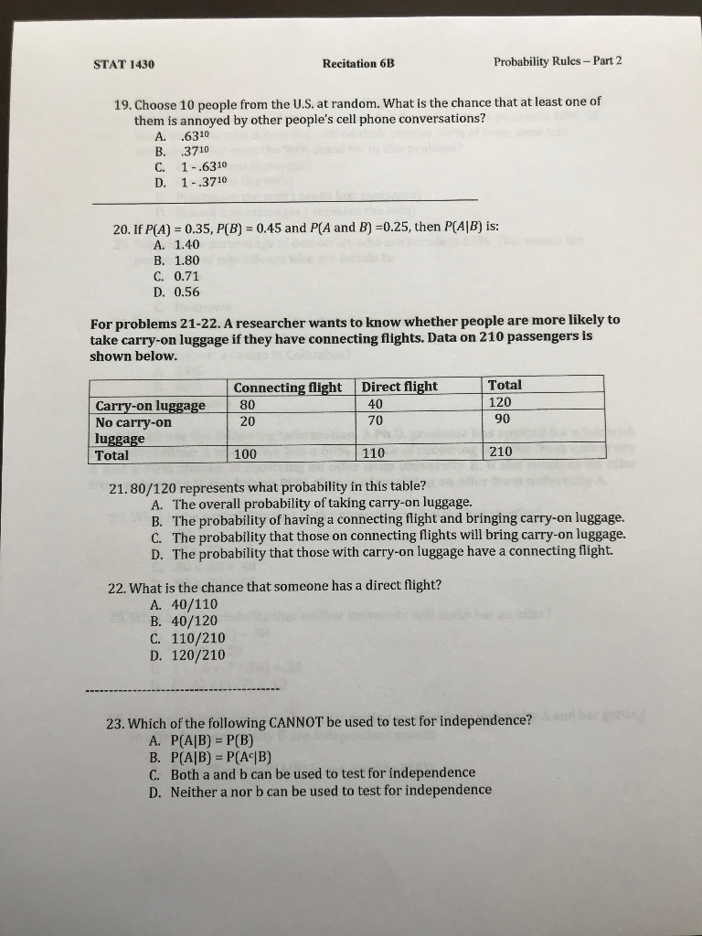 Solved STAT 1430 Recitation 6B Probability Rules - Part 2 | Chegg.com