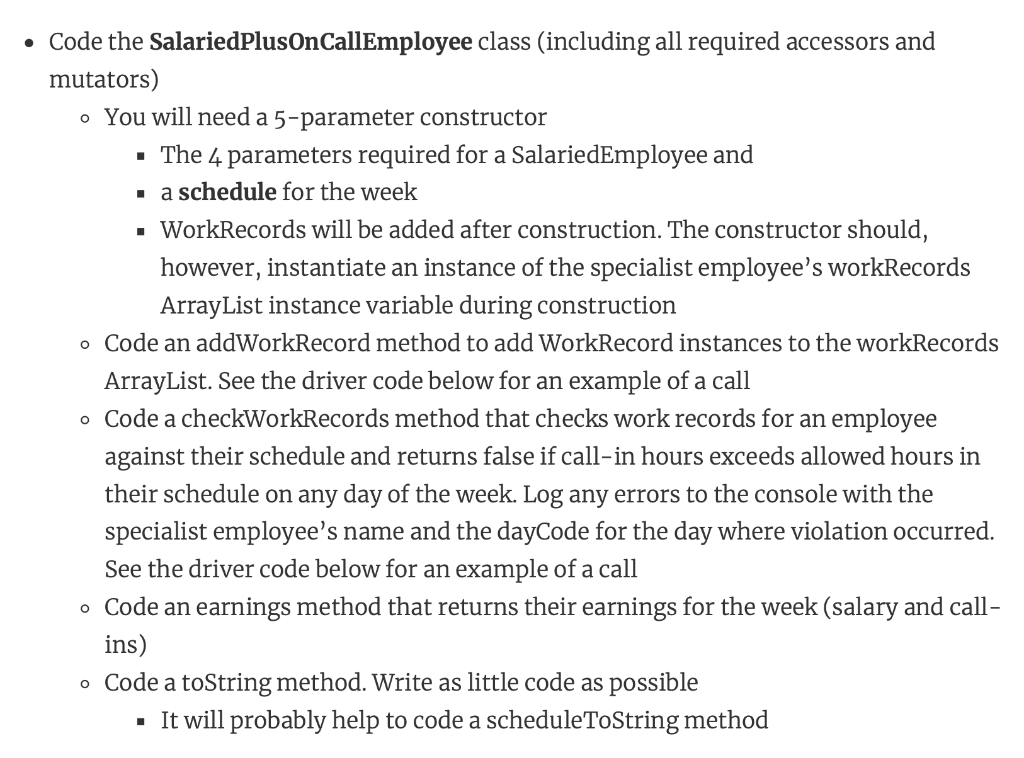 Solved • Code the SalariedPlusOnCallEmployee class | Chegg.com
