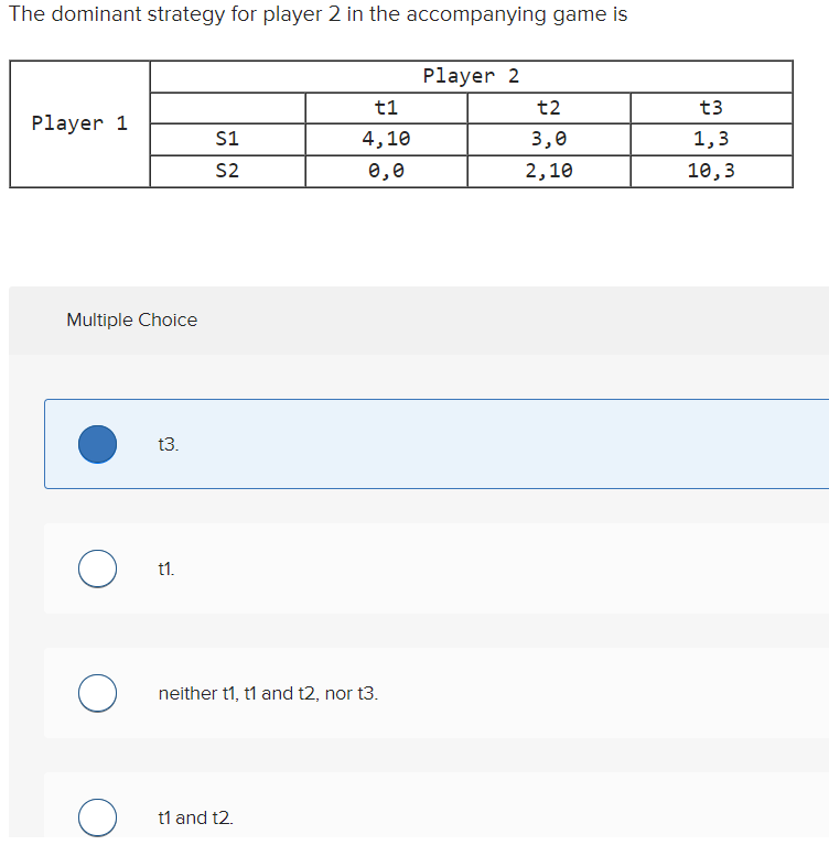 Solved The dominant strategy for player 2 ﻿in the | Chegg.com