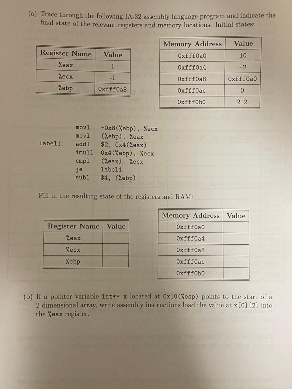 (a) Trace through the following IA-32 assembly | Chegg.com