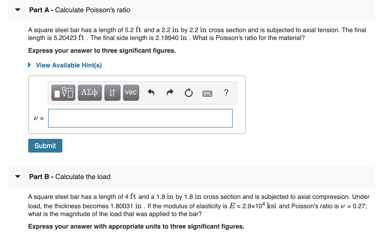 Solved Part A - Calculate Poisson's ratio A square steel bar | Chegg.com