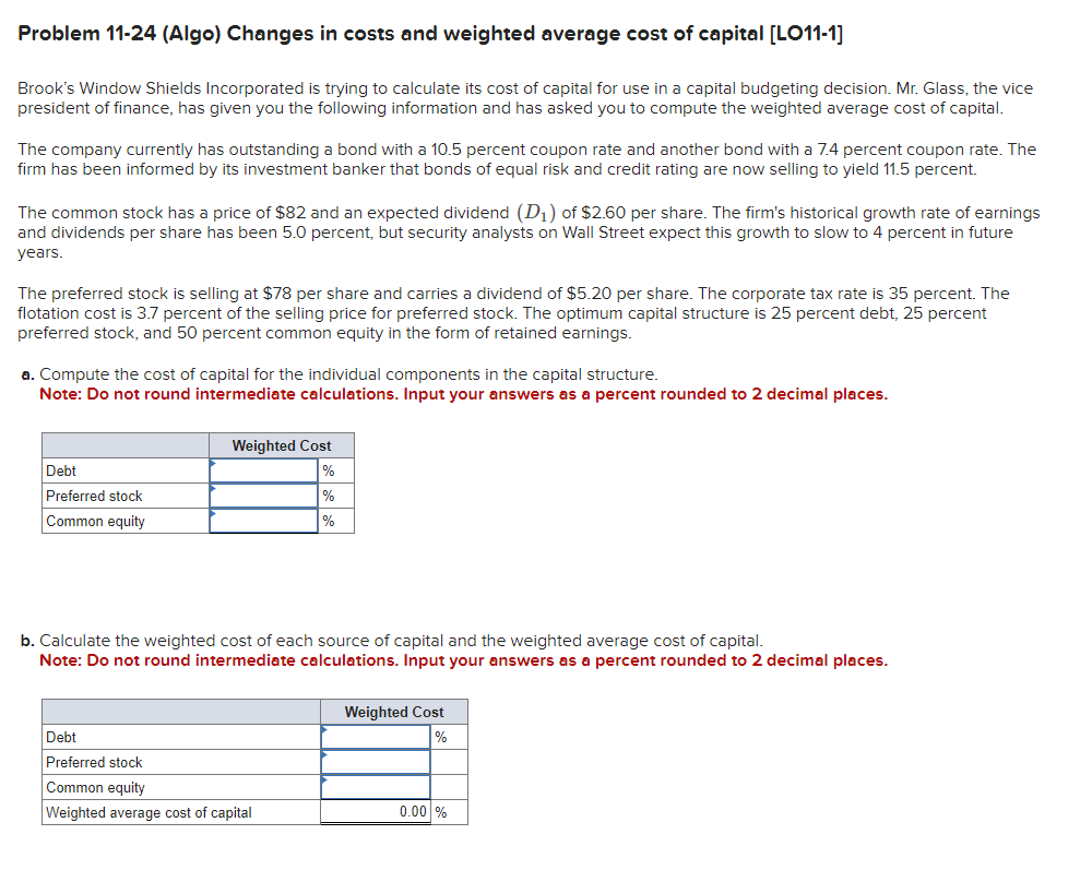 Solved Problem 11-24 (Algo) Changes in costs and weighted | Chegg.com