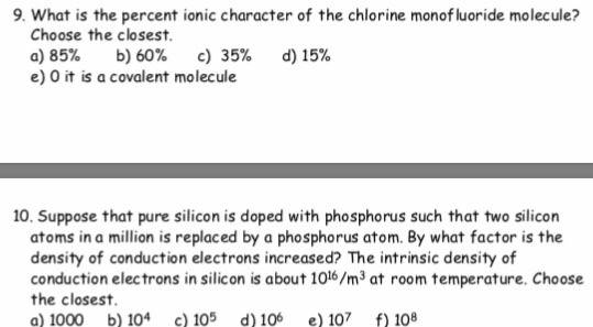 Solved 9. What is the percent ionic character of the | Chegg.com