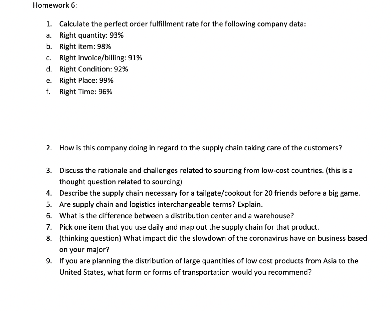 Solved 1. Calculate the perfect order fulfillment rate for | Chegg.com