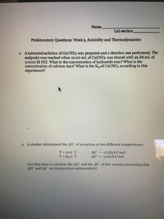 Solved Name. Lab section Prelaboratory Questions: Week 9, | Chegg.com