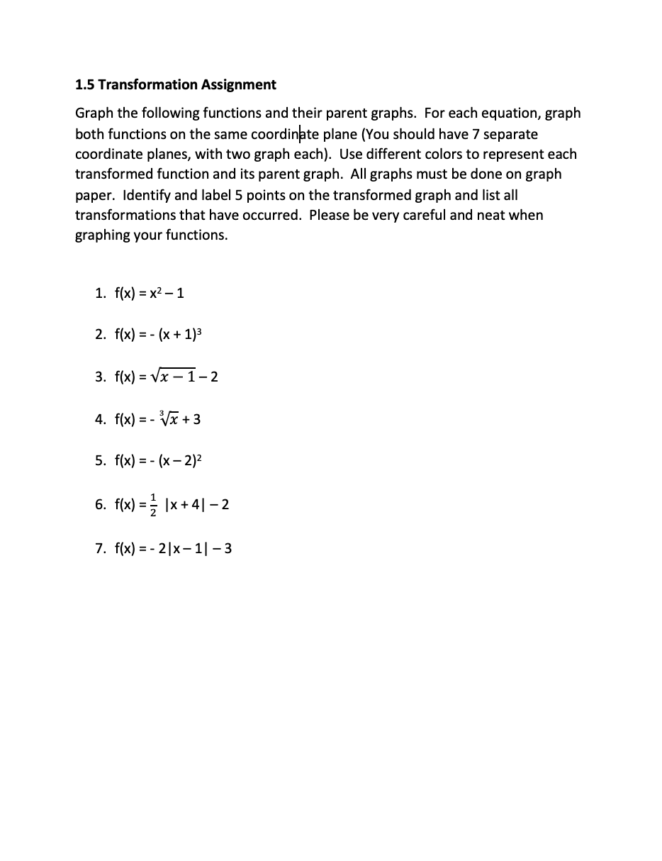 Solved 1.5 Transformation Assignment Graph the following | Chegg.com