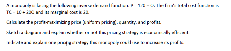 Solved A monopoly is facing the following inverse demand | Chegg.com