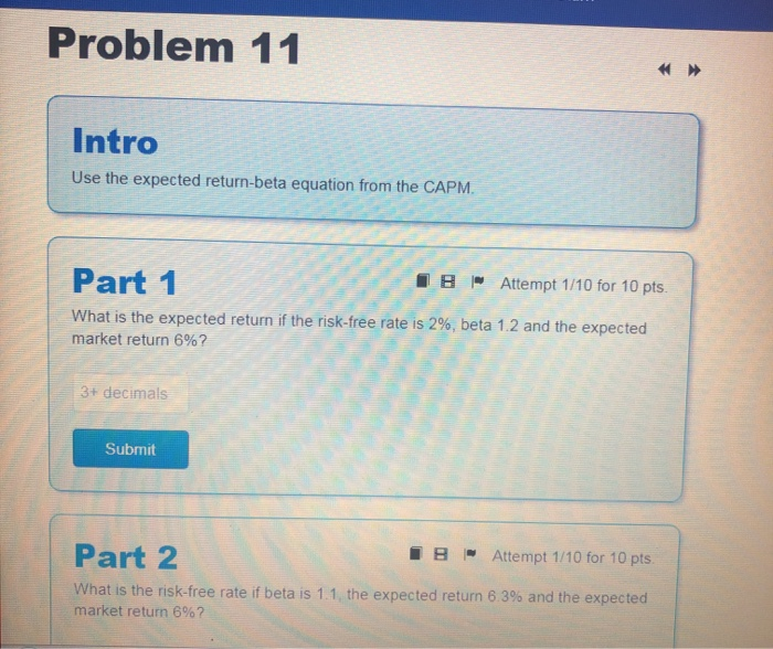 Solved Problem 11 Intro Use the expected return-beta | Chegg.com