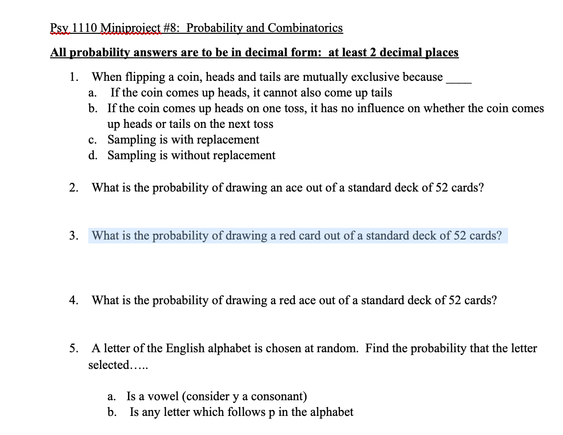 Solved Psy 1110 Miniproject #8: Probability and | Chegg.com