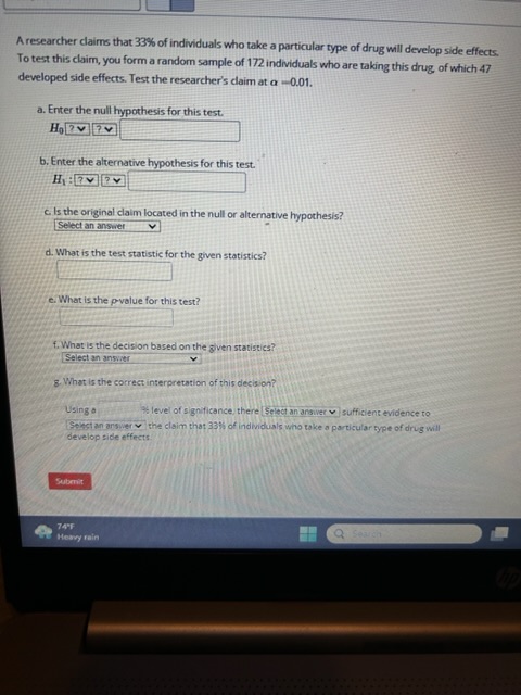 A researcher claims that 33% of individuals who take | Chegg.com