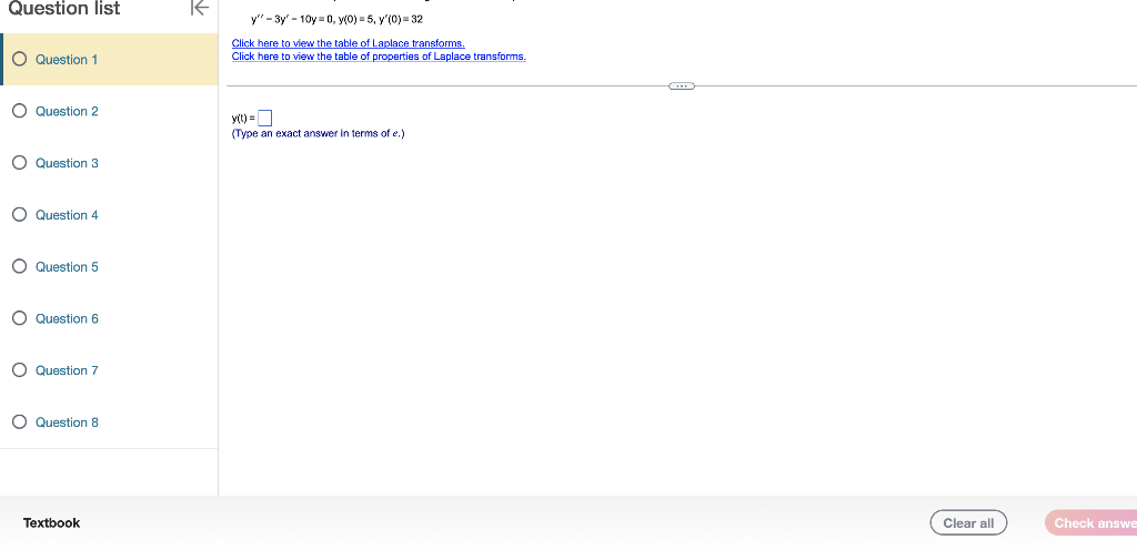 Solved estidn IIST y′′−3y′−10y=0,y(0)=5,y′(0)=32 Click here | Chegg.com