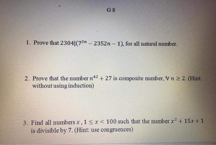 Solved G 8 1. Prove that 23041(72n 2352n 1), for all natural | Chegg.com