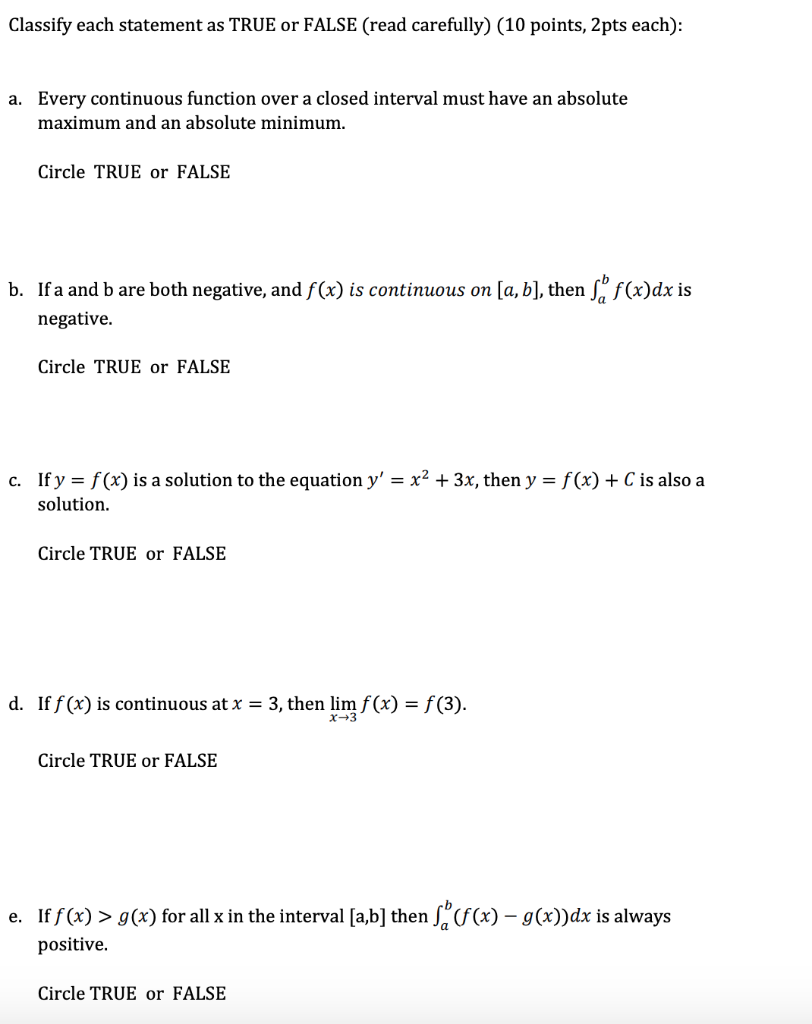 Solved Classify each statement as TRUE or FALSE (read | Chegg.com