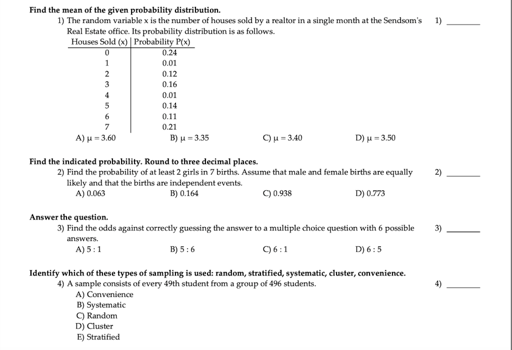 Solved 1) Find the mean of the given probability | Chegg.com