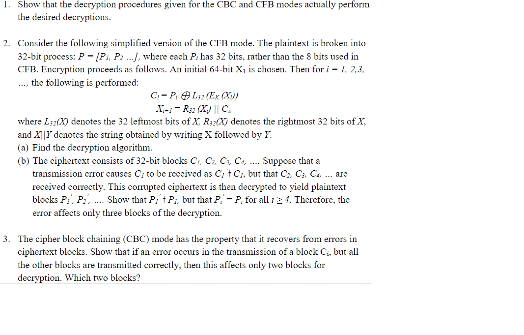 1. Show that the decryption procedures given for the | Chegg.com