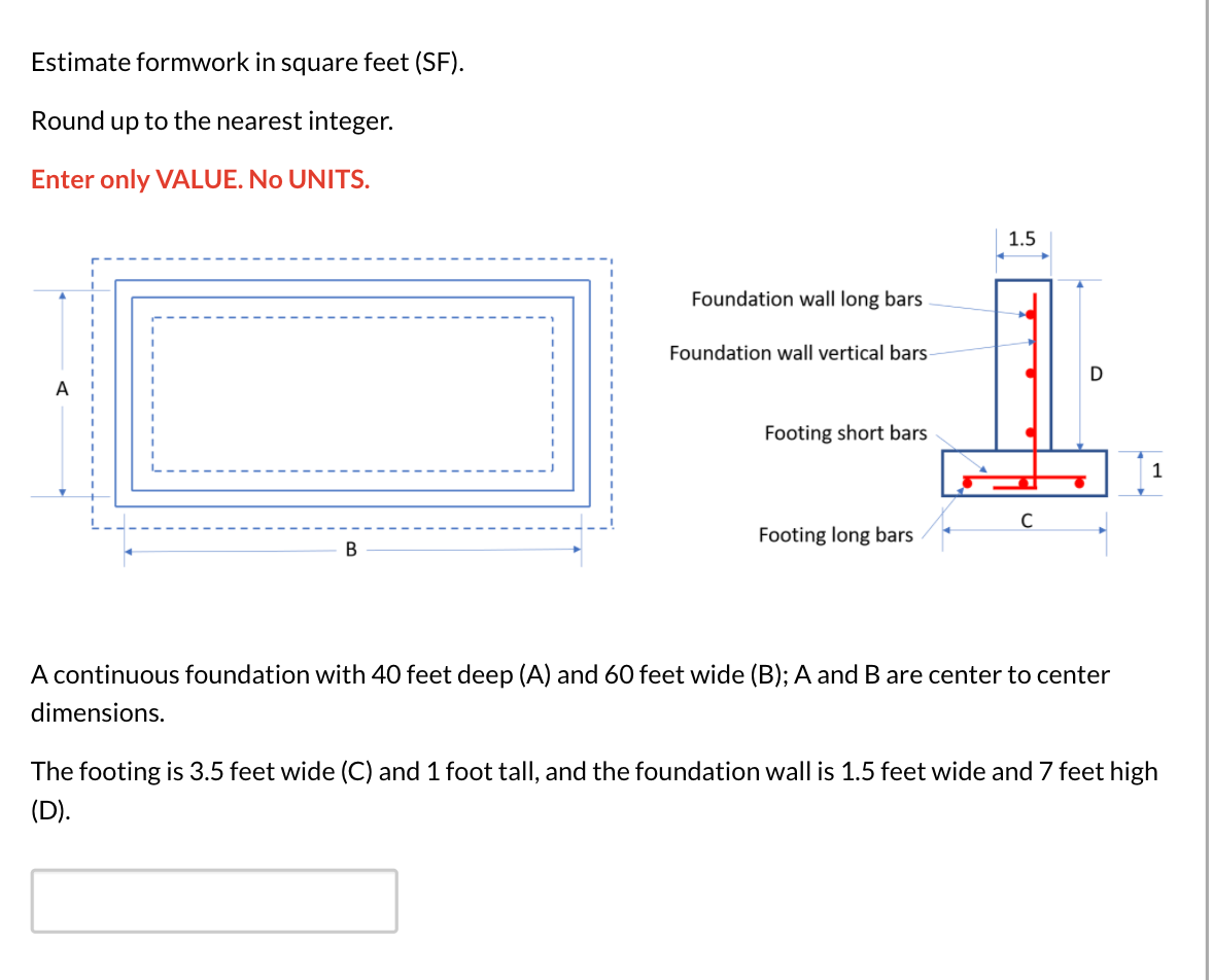 Solved Estimate formwork in square feet (SF). Round up to | Chegg.com