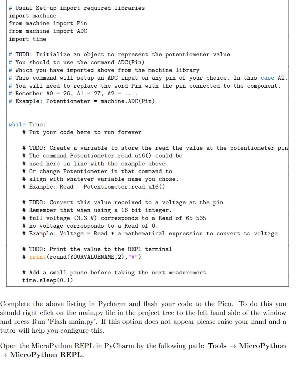 Task: Obtain a voltage reading from an analog pin, | Chegg.com