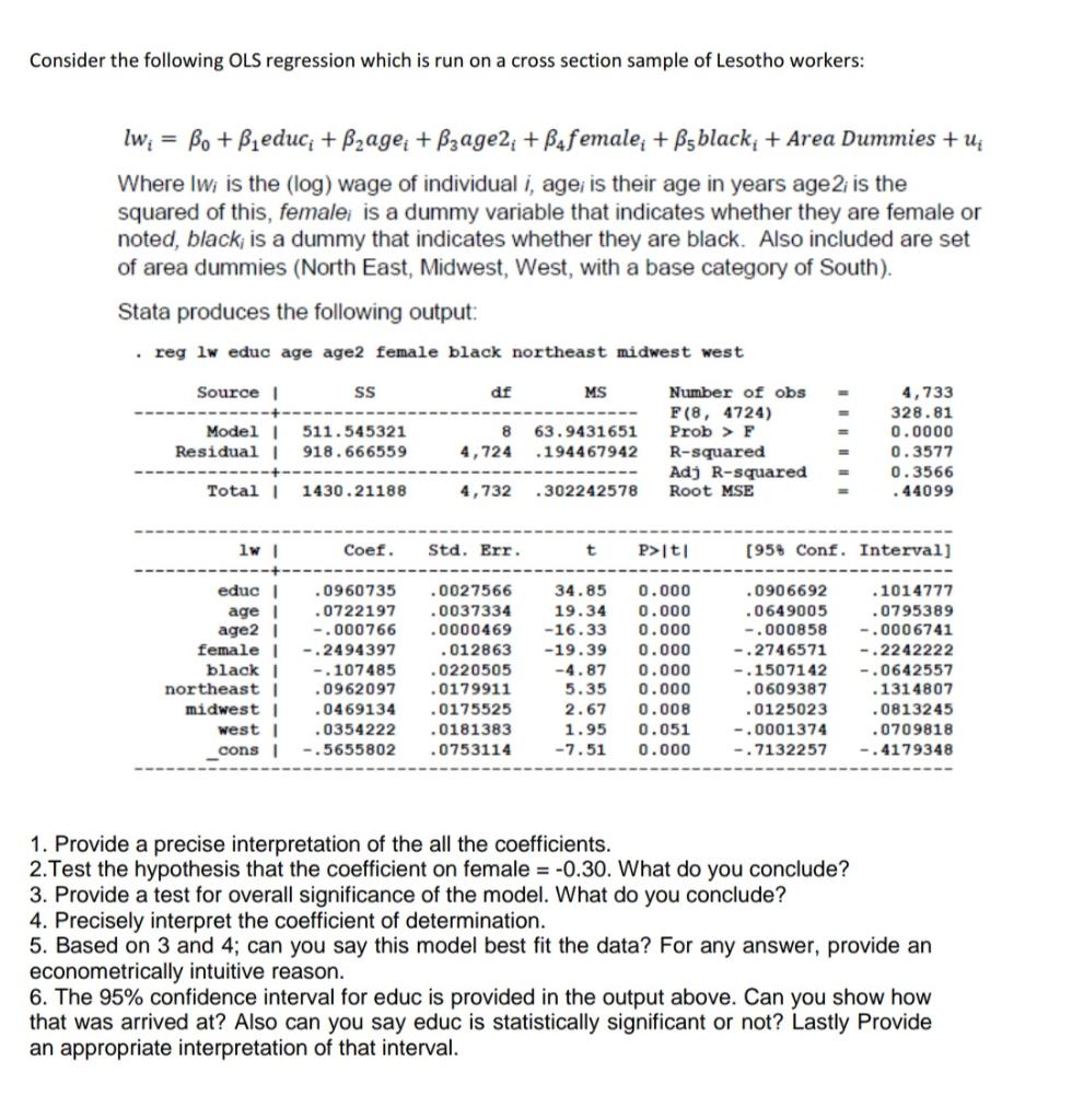 Solved Consider the following OLS regression which is run on | Chegg.com