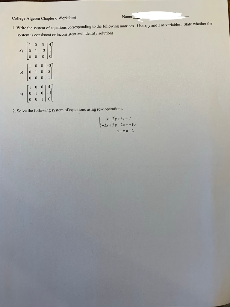 Solved College Algebra Chapter 6 Worksheet Name Write the | Chegg.com