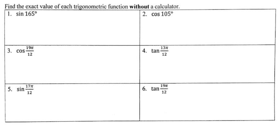 Solved Find the exact value of each trigonometric function | Chegg.com