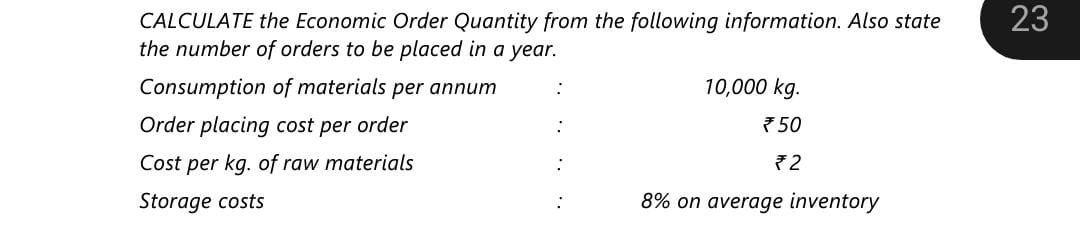 Solved 23 CALCULATE the Economic Order Quantity from the | Chegg.com