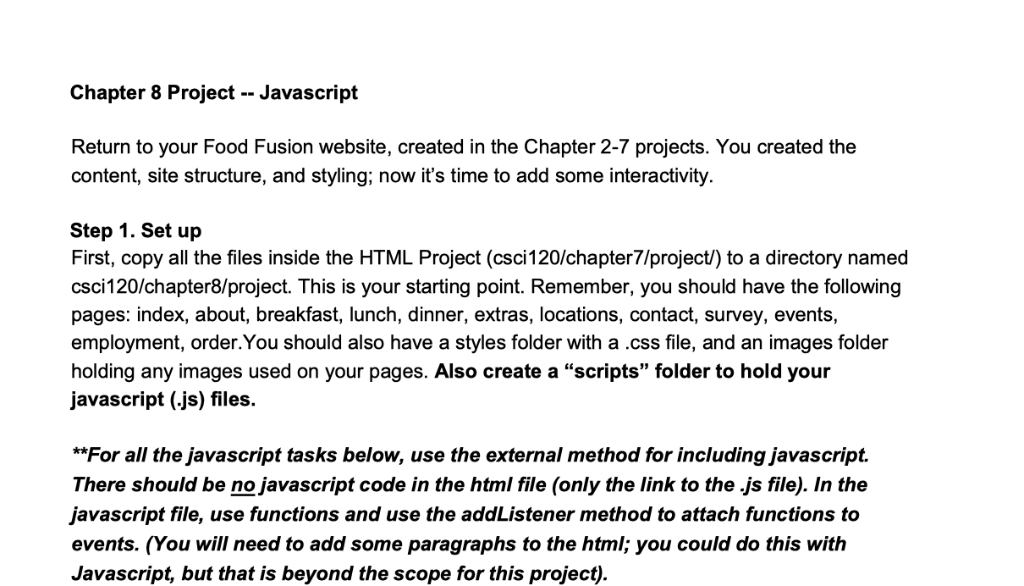 Solved Chapter 8 Project - Javascript Return to your Food | Chegg.com