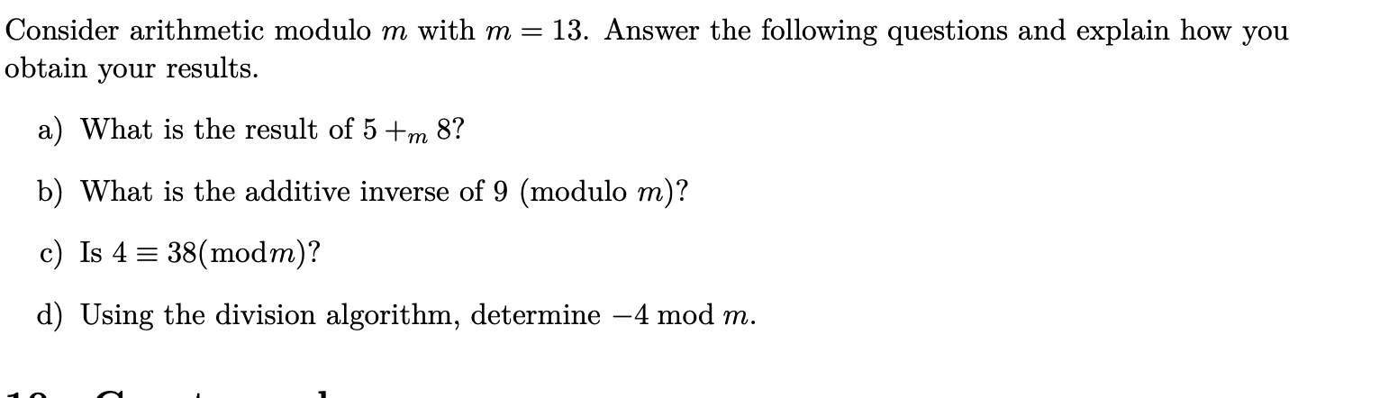 Solved Consider arithmetic modulo m with m = 13. Answer the | Chegg.com