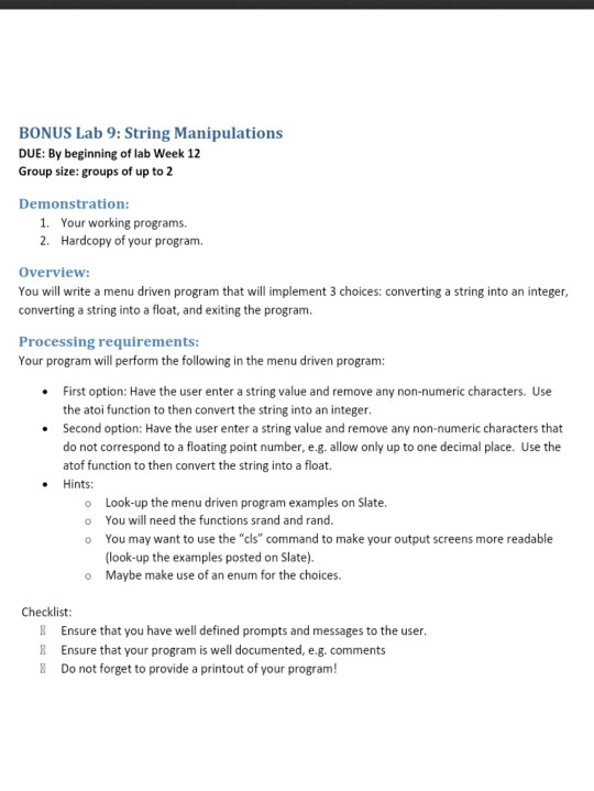Solved BONUS Lab 9: String Manipulations DUE: By beginning | Chegg.com