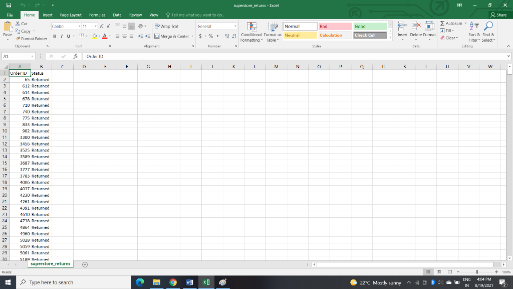 Solved superstore orders - Excel 6 x File Data Review View | Chegg.com