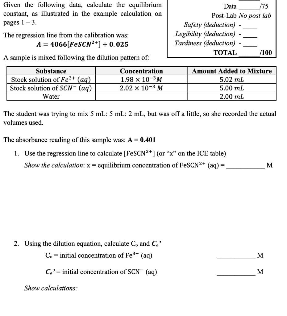 Solved Given the following data, calculate the equilibrium | Chegg.com