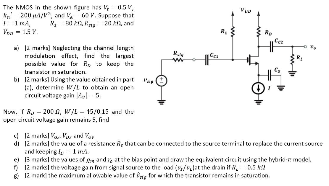 Solved VDD The NMOS in the shown figure has Vt = 0.5 V, kn | Chegg.com
