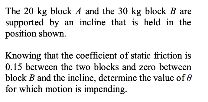 Solved The 20 kg block A and the 30 kg block B are supported | Chegg.com Solved The 20 kg block A and the 30 kg block B are supported | Chegg.com