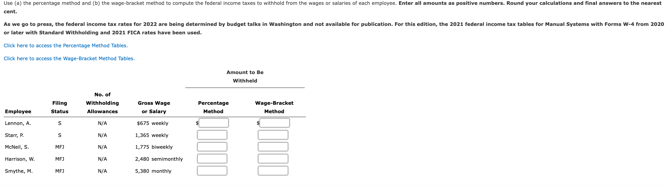 later with Standard Withholding and 2021 FICA rates | Chegg.com
