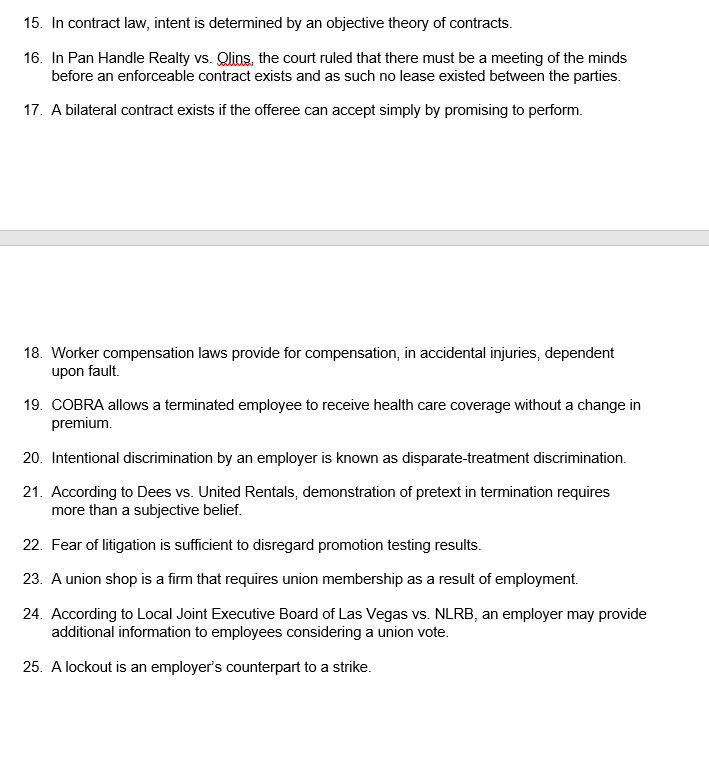 Solved 15. In contract law, intent is determined by an | Chegg.com