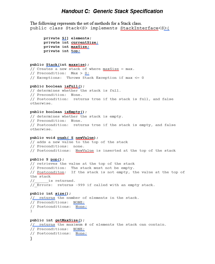 Solved Handout C: Generic Stack Specification The following | Chegg.com
