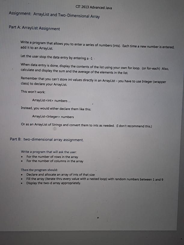 Solved CT 2613 Advanced Java Assignment: Arraylist and | Chegg.com