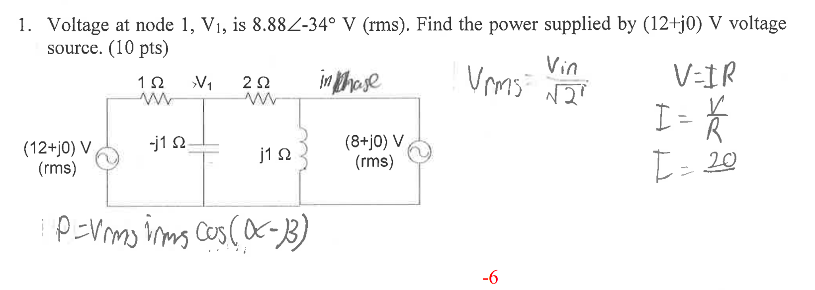 Solved 1. Voltage at node 1, V1, is 8.88_-34° V (rms). Find | Chegg.com