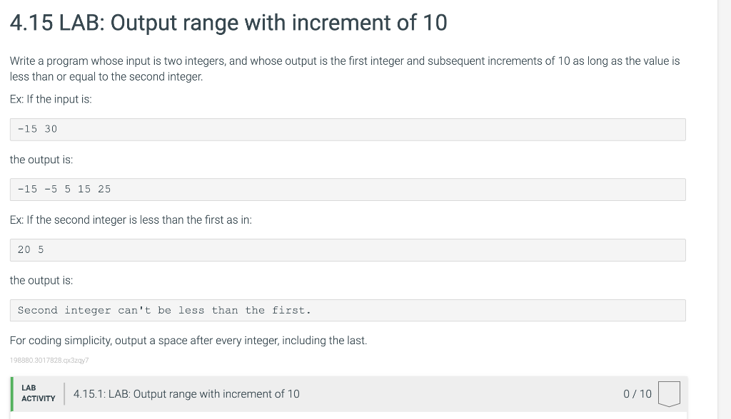 Solved 4.15 LAB: Output range with increment of 10 Write a | Chegg.com