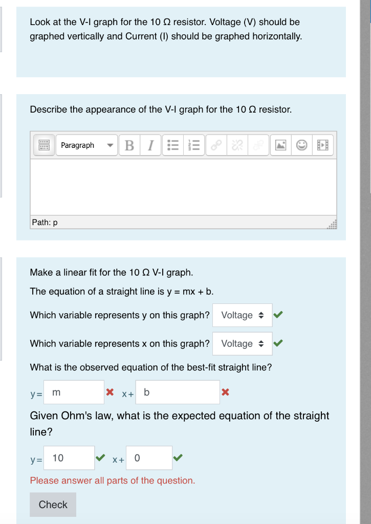 Solved Look at the V-I graph for the 10 S2 resistor. Voltage | Chegg.com