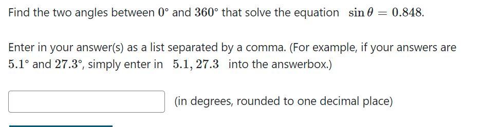 Solved Find the two angles between 0° and 360° that solve | Chegg.com
