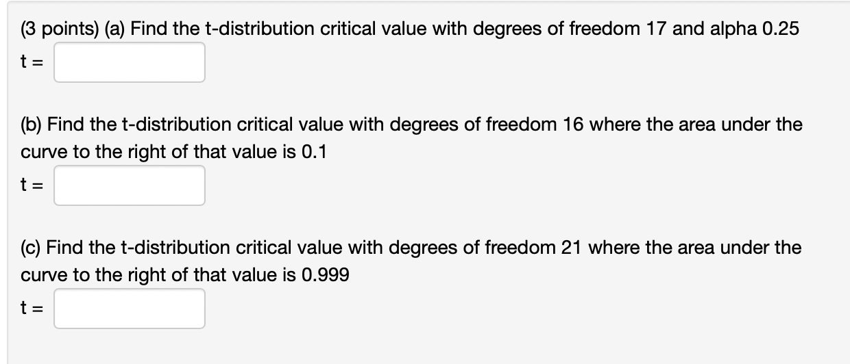 Solved (3 points) (a) Find the t-distribution critical value | Chegg.com