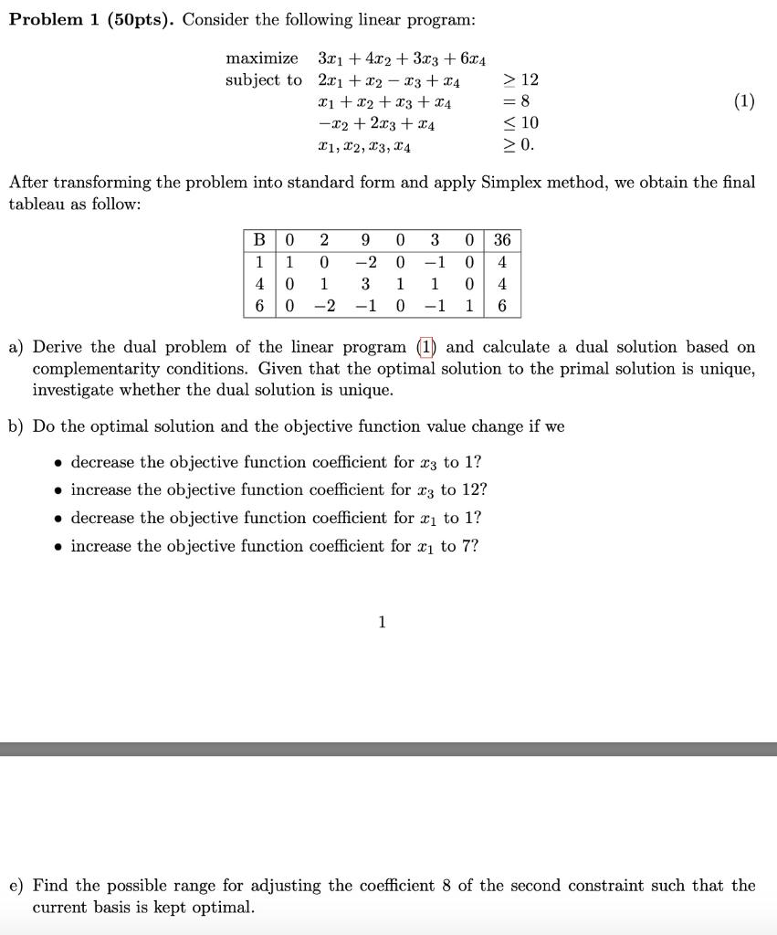 Problem 1 (50pts). Consider the following linear | Chegg.com