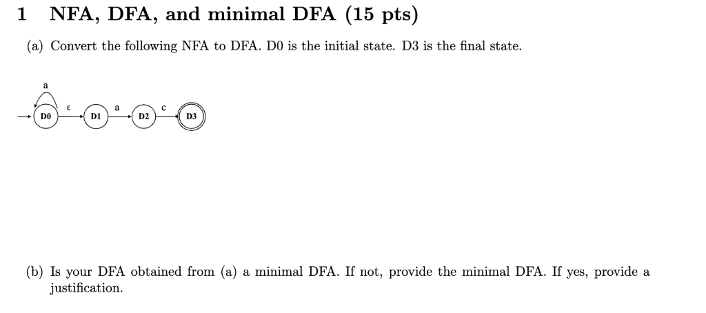 Solved 1 NFA, DFA, and minimal DFA (15 pts) (a) Convert the | Chegg.com